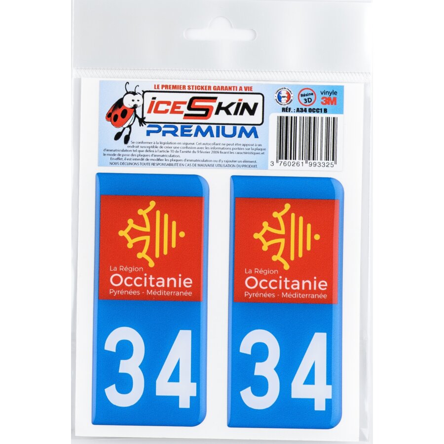 2 stickers premium en résine 3D, pour departement 34 en bleu (format ...