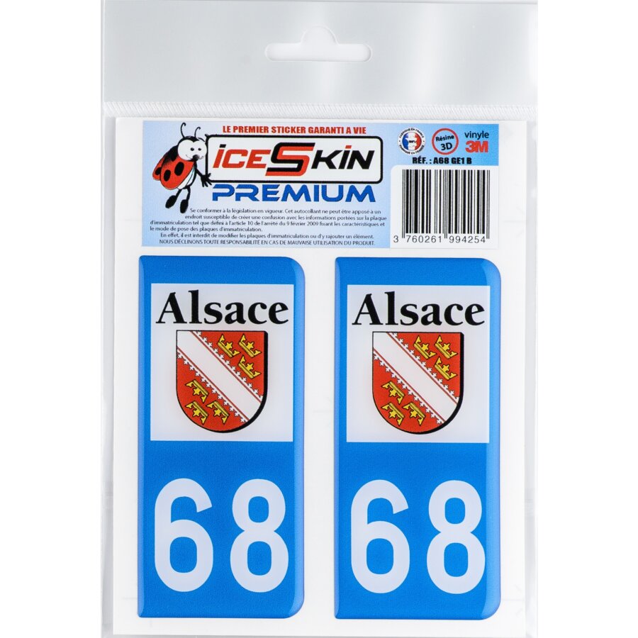 2 stickers premium en résine 3D, pour departement 68 en bleu (format ...