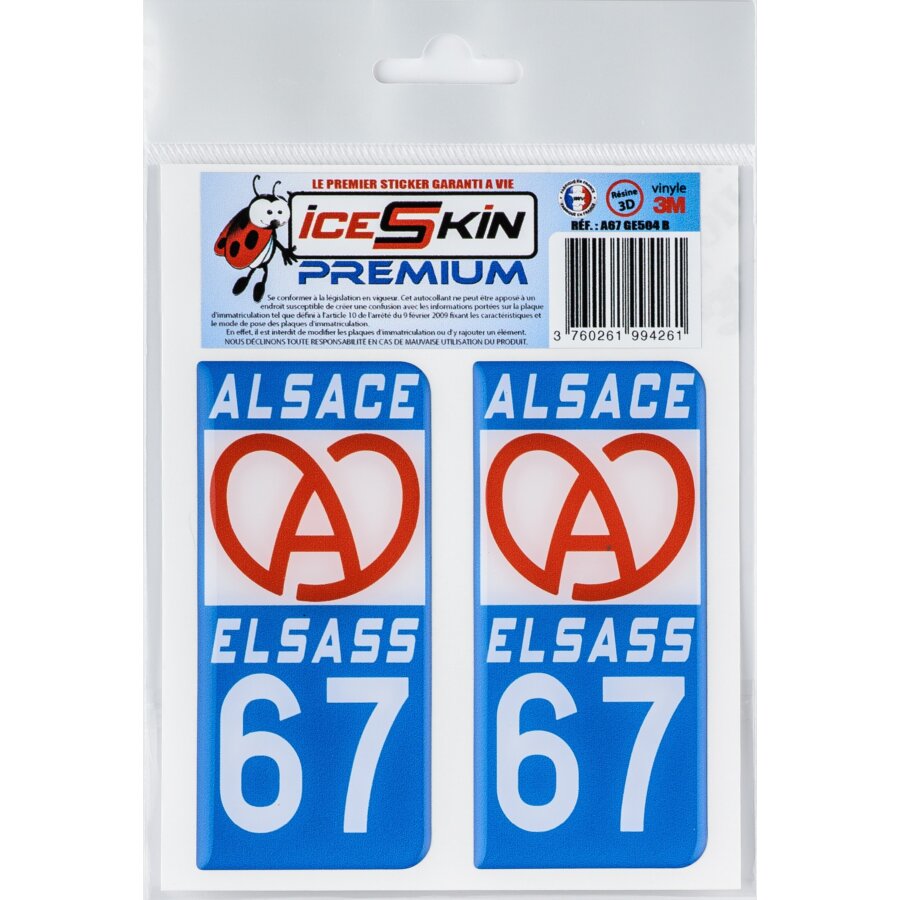 2 stickers premium en résine 3D, pour departement 67 en bleu (format ...
