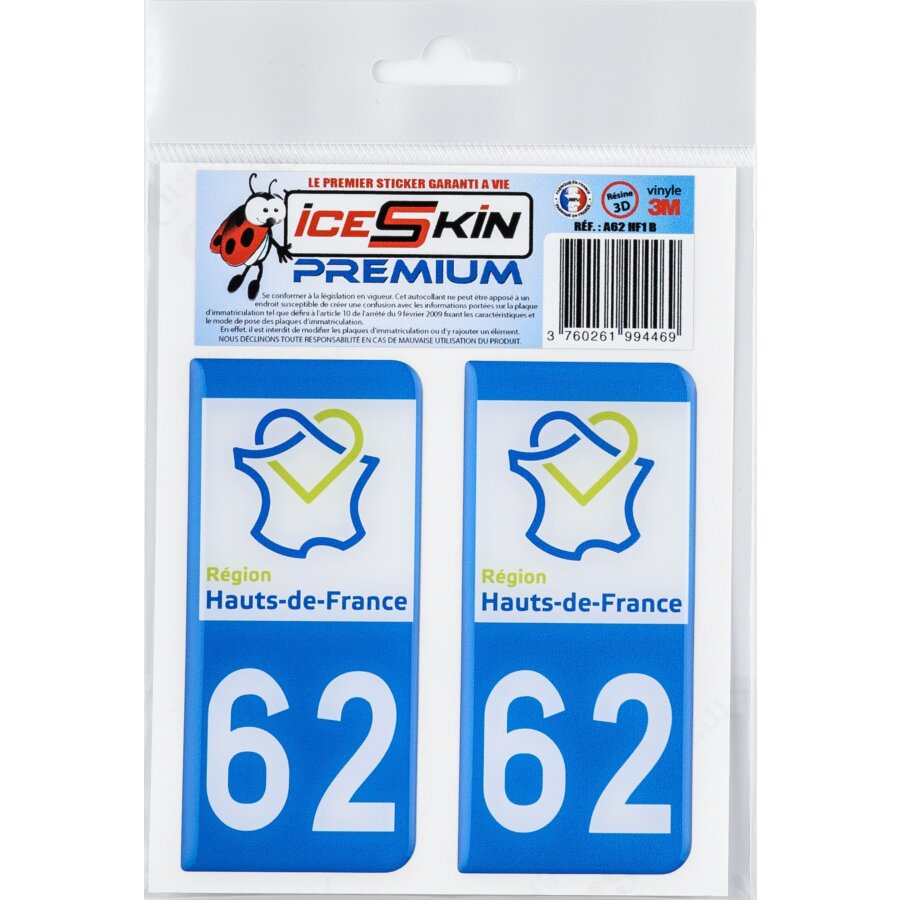 2 stickers premium en résine 3D, pour departement 62 en bleu (format ...