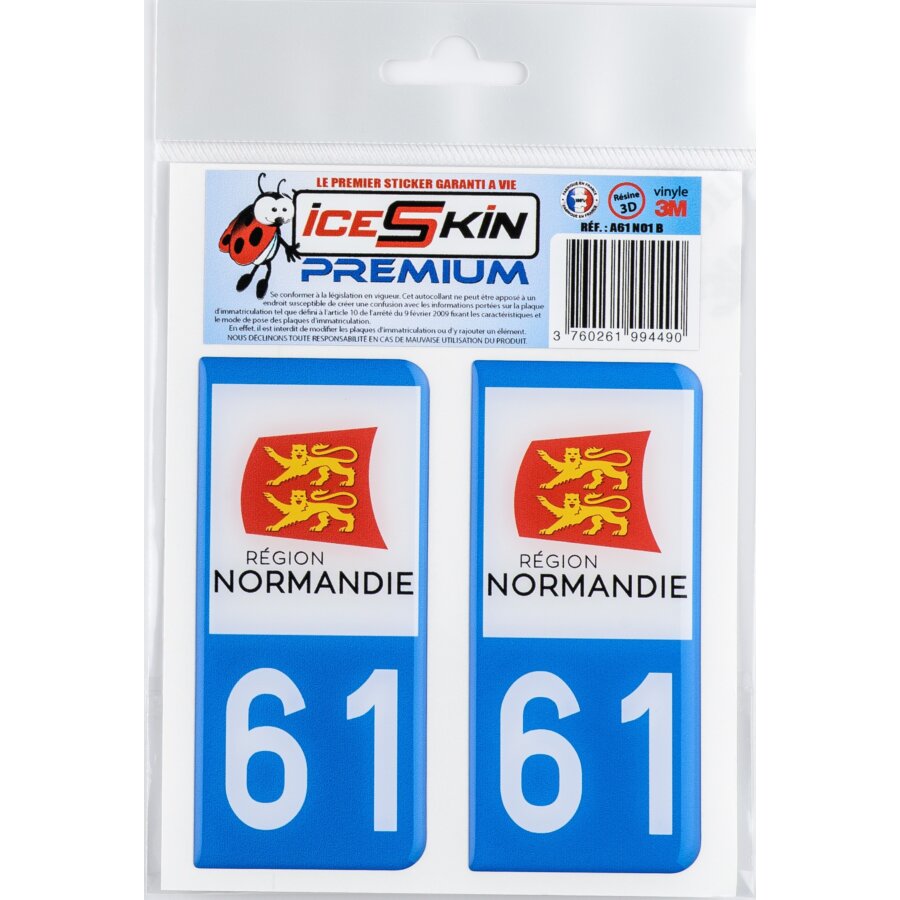 2 stickers premium en résine 3D, pour departement 61 en bleu (format ...