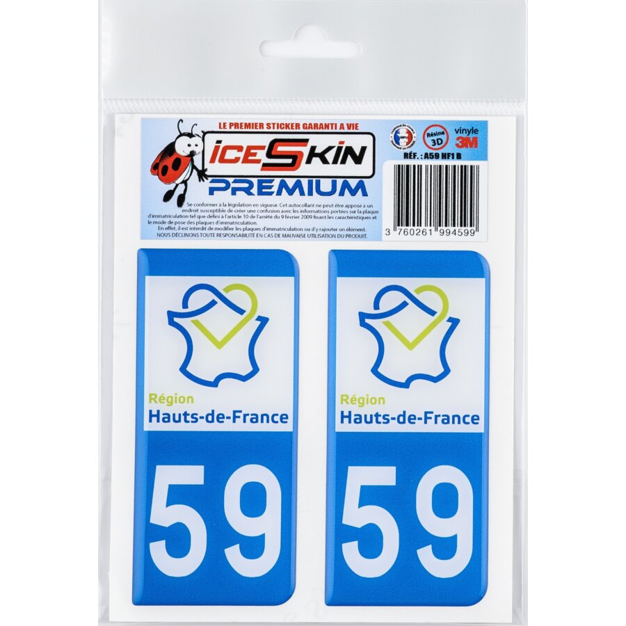 2 stickers premium en résine 3D, pour departement 59 en bleu (format ...
