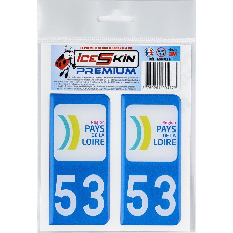 2 stickers premium en résine 3D, pour departement 53 en bleu (format ...
