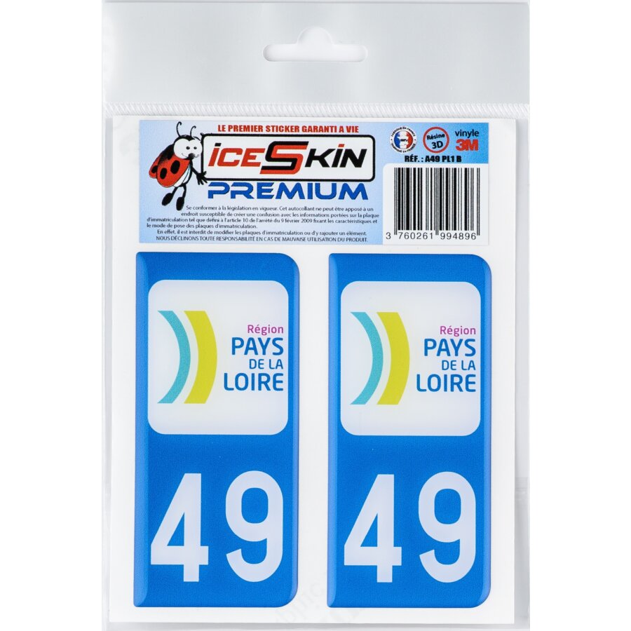 2 stickers premium en résine 3D, pour departement 49 en bleu (format ...