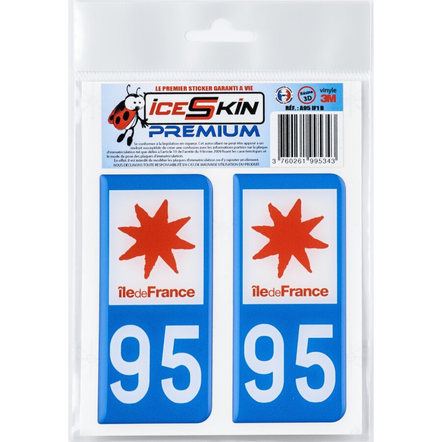 2 stickers premium en résine 3D, pour departement 95 en bleu (format ...