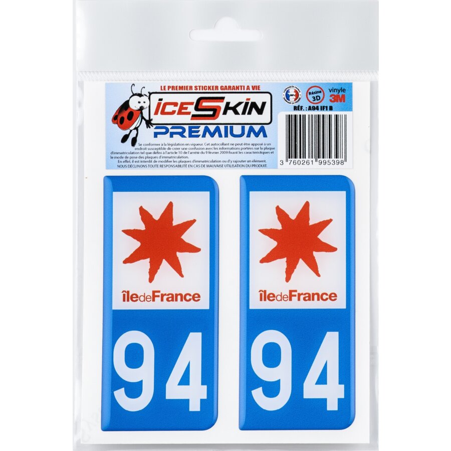 2 stickers premium en résine 3D, pour departement 94 en bleu (format ...